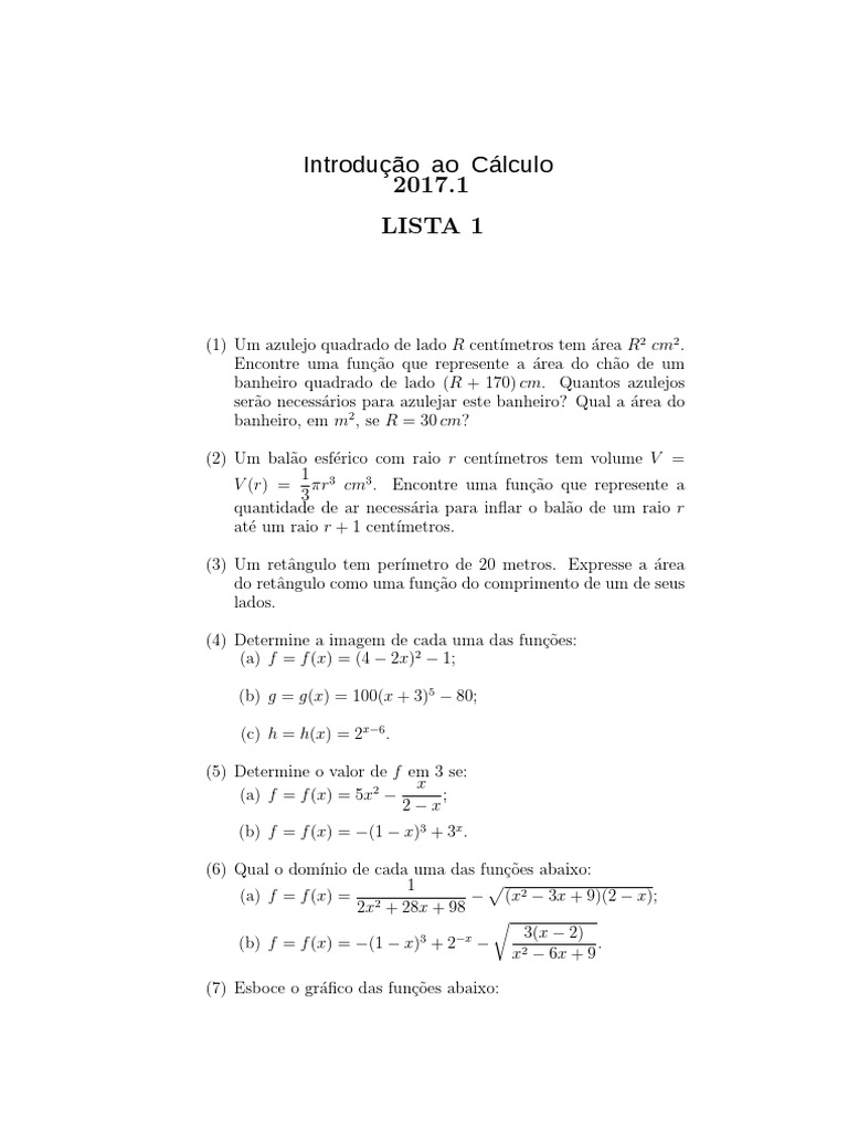 Lista 1 Introdução Ao Cálculo | PDF | Cálculo | Ensino de Matemática