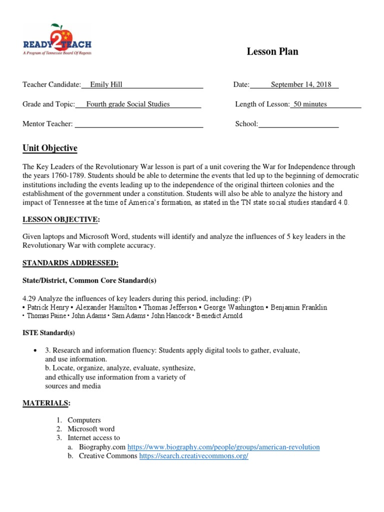 Lesson Plan: Unit Objective | PDF | George Washington | Alexander Hamilton