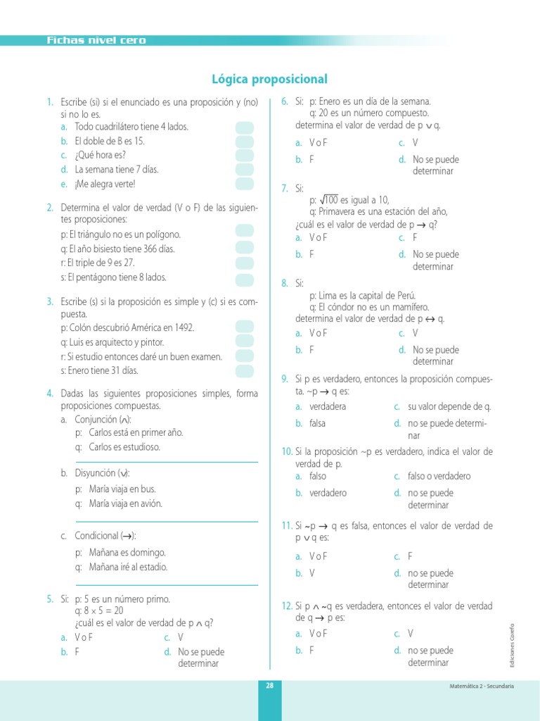 MAT2P - U1 - Ficha Nivel Cero Lógica Proposicional PDF | PDF | Proposición | Verdad