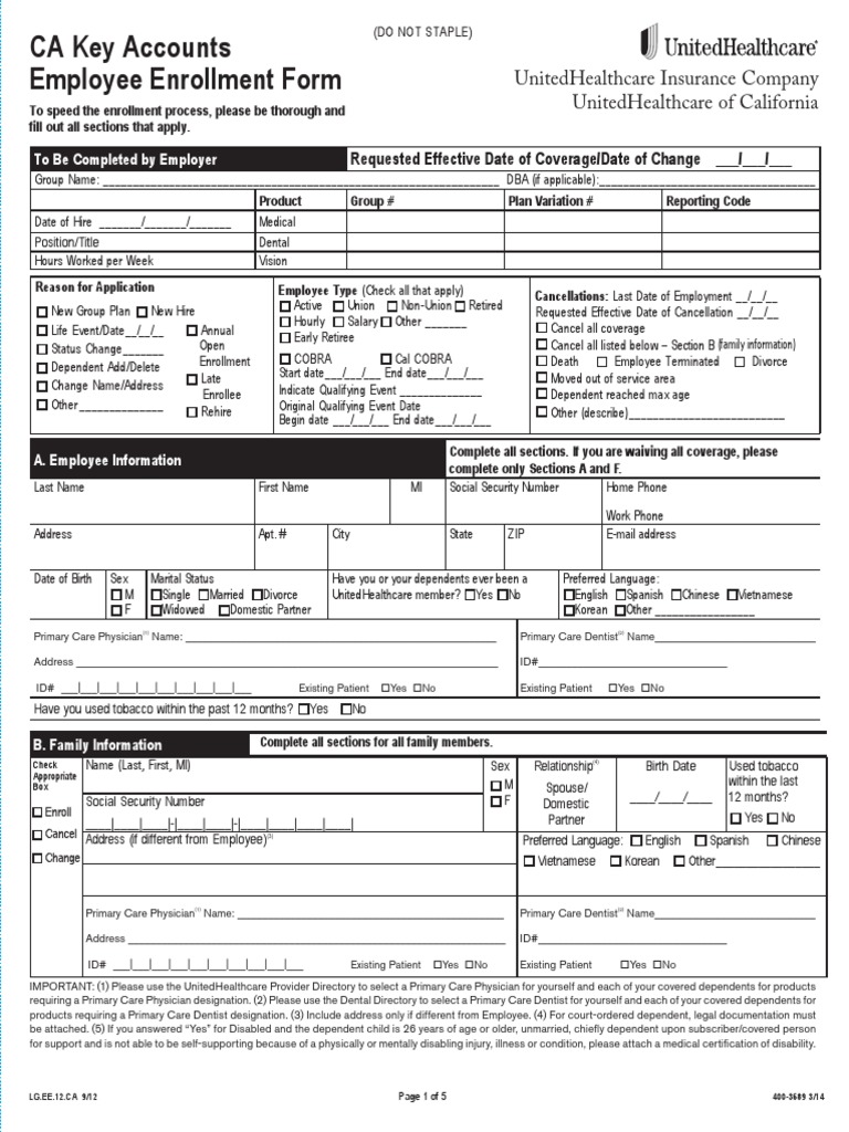 Ca Key Accounts Employee Enrollment Form: Unitedhealthcare Insurance ...