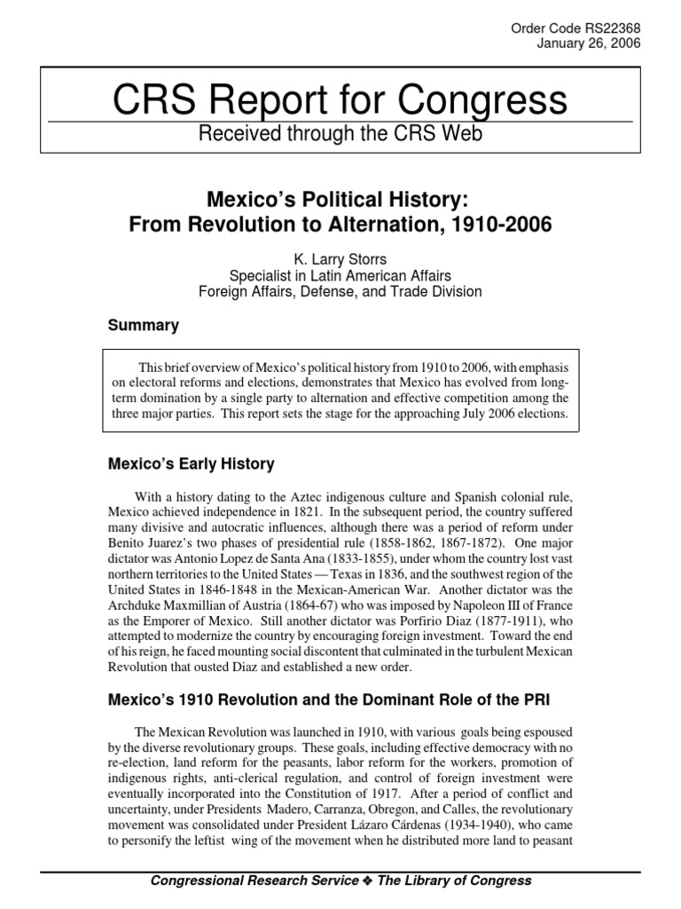 CRS Report For Congress: Mexico's Political History: From Revolution To ...