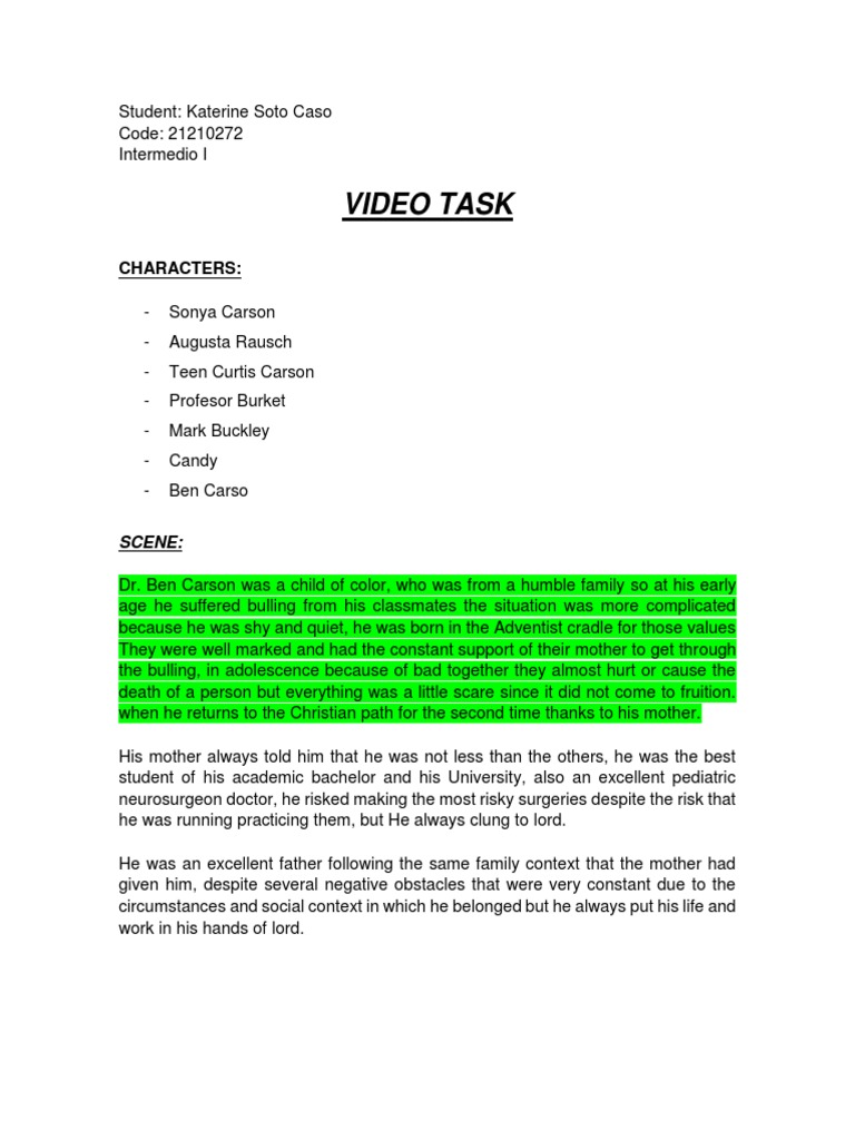 Video Task: Characters | PDF | Family | Psychological Concepts