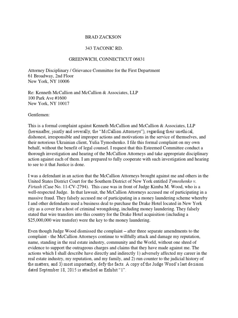 Brad Zackson Complaint Against Attorney Kenneth F. McCallion Filed With ...