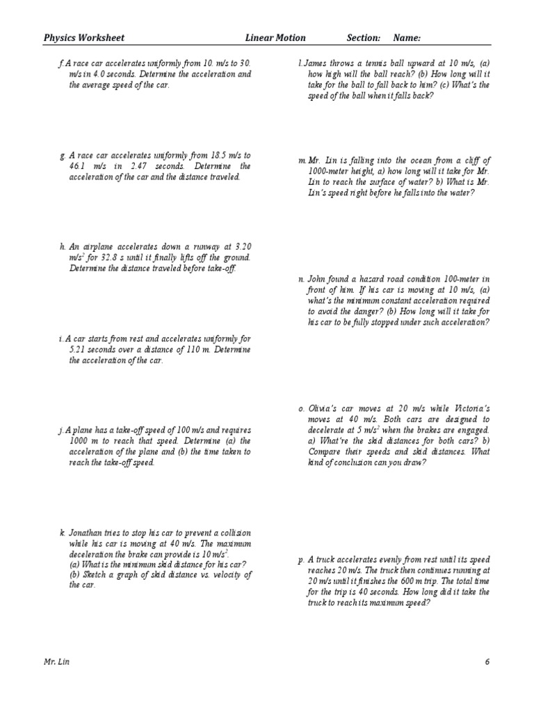 Physics Worksheet Lesson 4 Linear Motion-6 | PDF | Acceleration | Speed