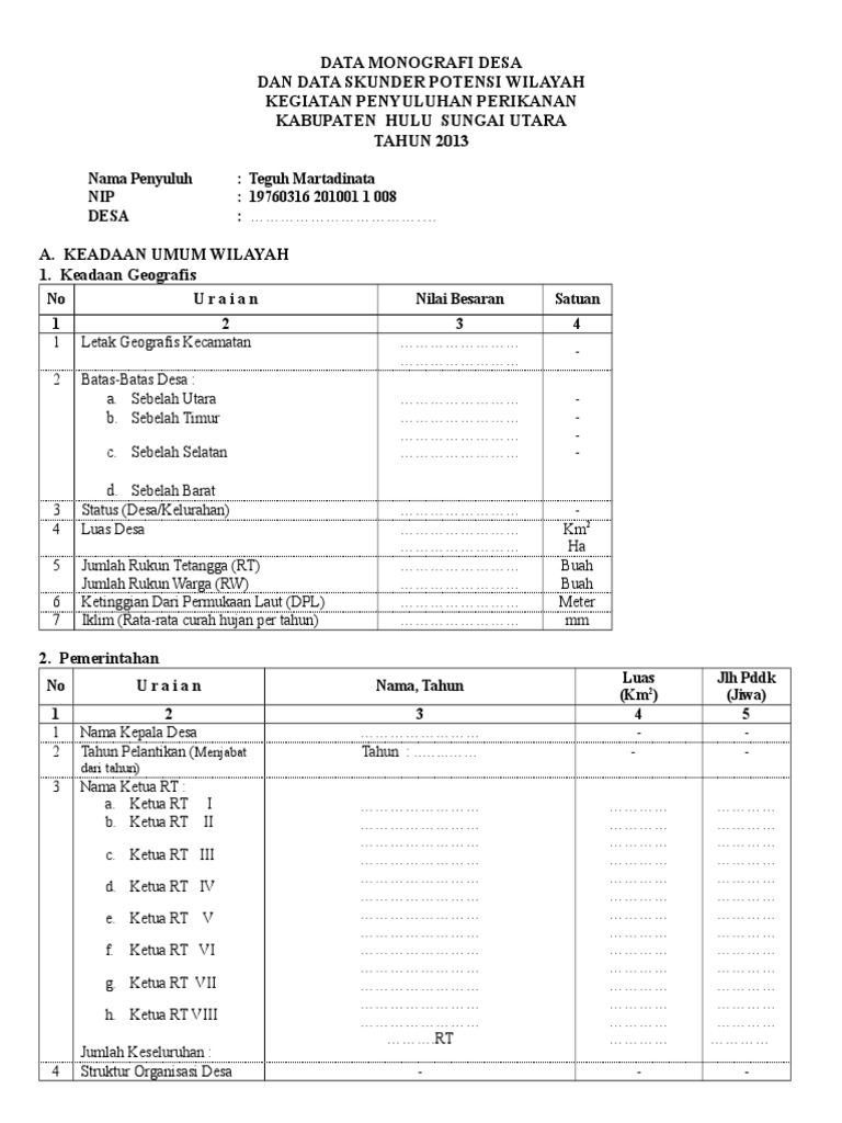Data Monografi Desa Perikanan 2013 | PDF