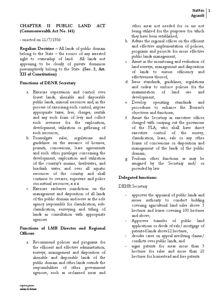 Chapter Ii Public Land Act (Commonwealth Act No. 141) : Agcaoili | PDF ...