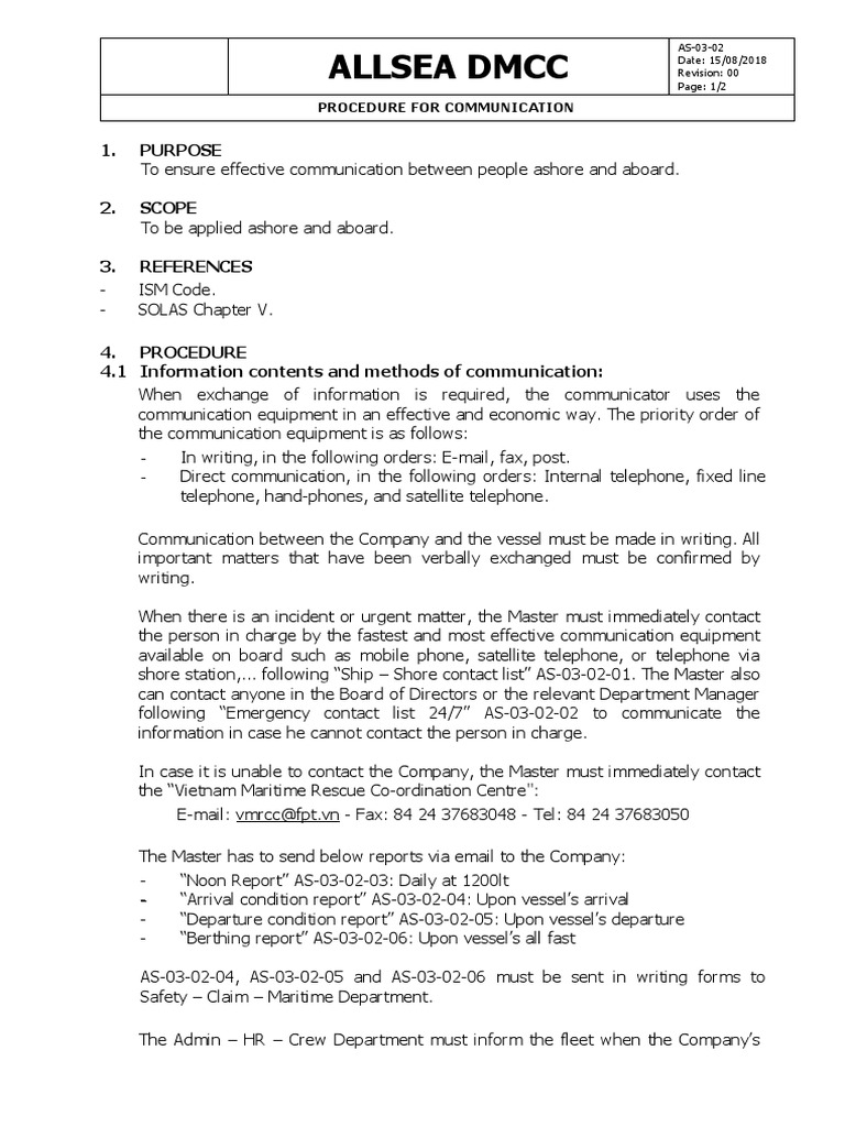 Communication Procedure for Vessels | PDF | Ships | Telephone
