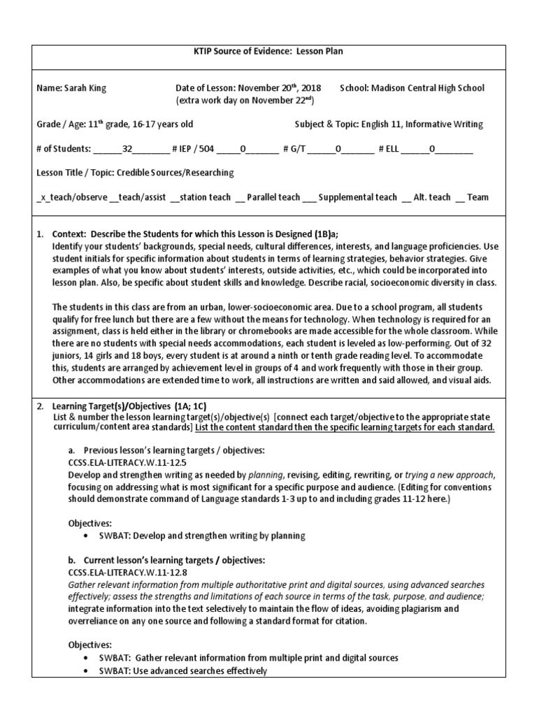 Credible Sources Lesson Plan for 11th Grade | PDF | Educational ...