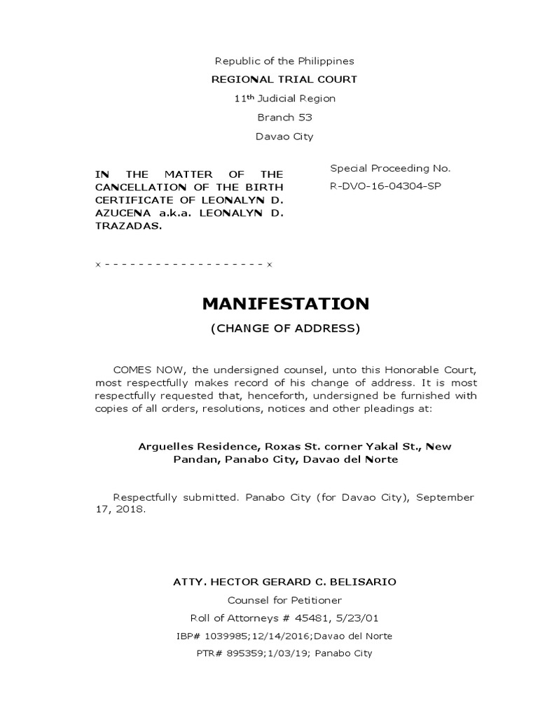 Notice of Change of Address in Court | PDF | Law