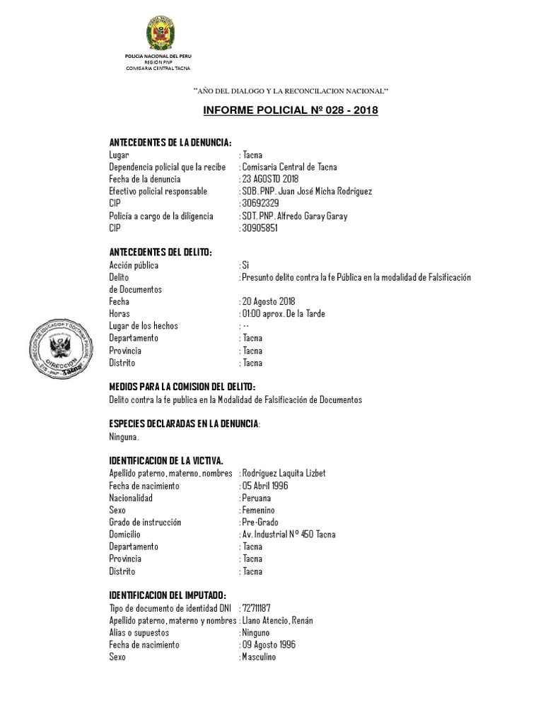 Informe Policial | PDF | Cumplimiento de la ley | Crimen y violencia