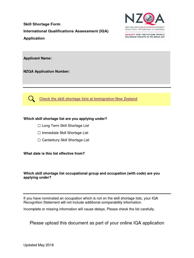 Skill Shortage Form NZQA
