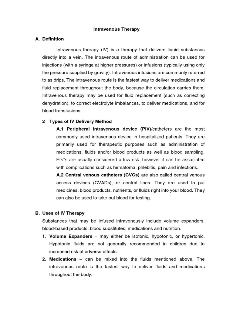 Intravenous Therapy A. Definition | PDF | Intravenous Therapy | Medicine