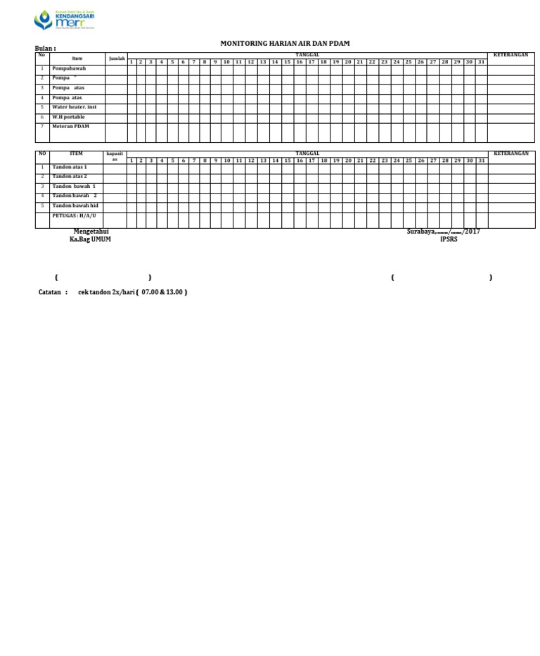 Form Monitoring Harian Air Dan Pdam2 | PDF