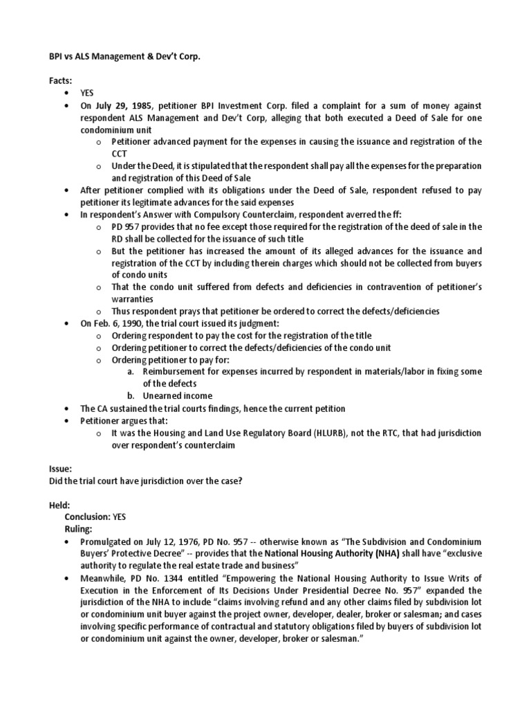BPI Vs ALS Management Case Digest | PDF | Estoppel | Laches (Equity)