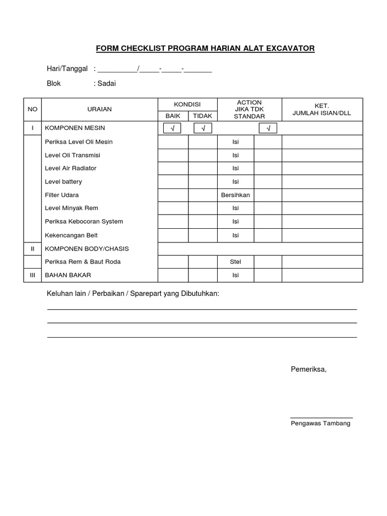 1.form Checklist Program Harian Alat Excavator | PDF