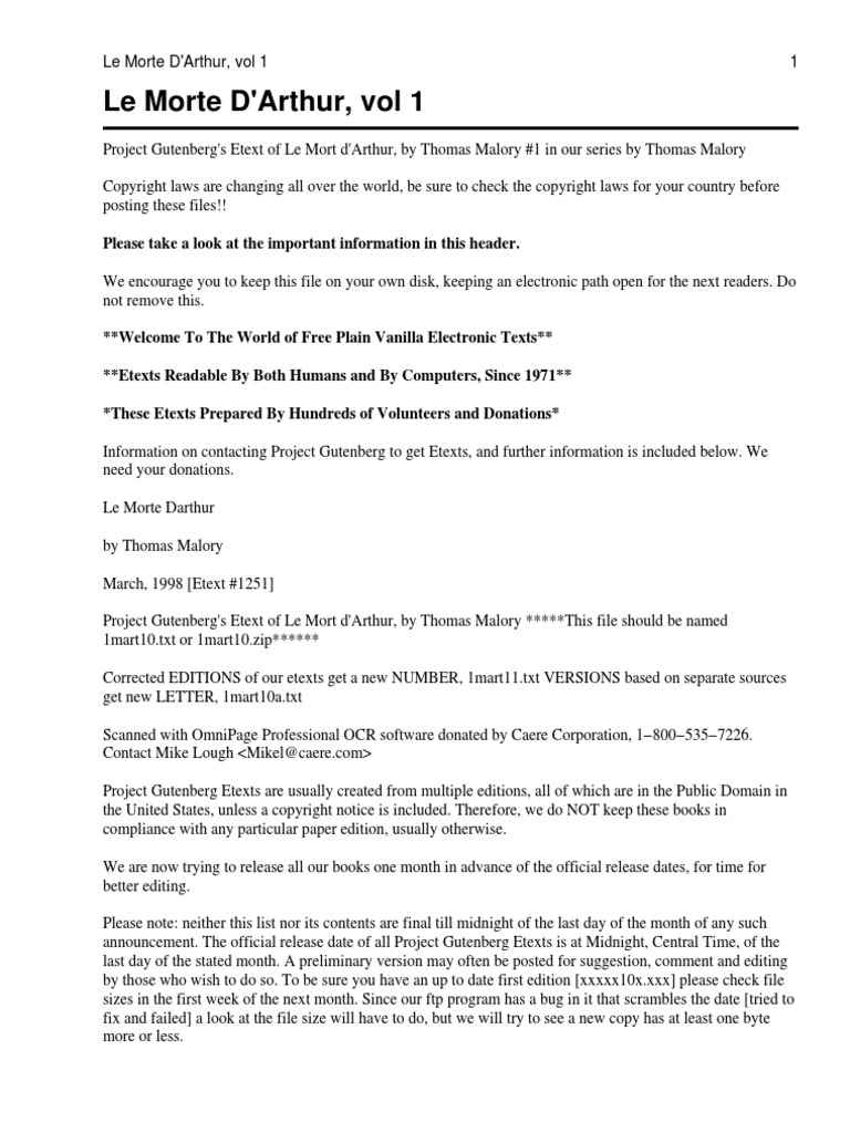 Le Morte DArthur, Vol 1 | PDF