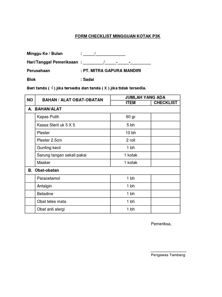 2.form Checklist Mingguan Kotak p3k | PDF