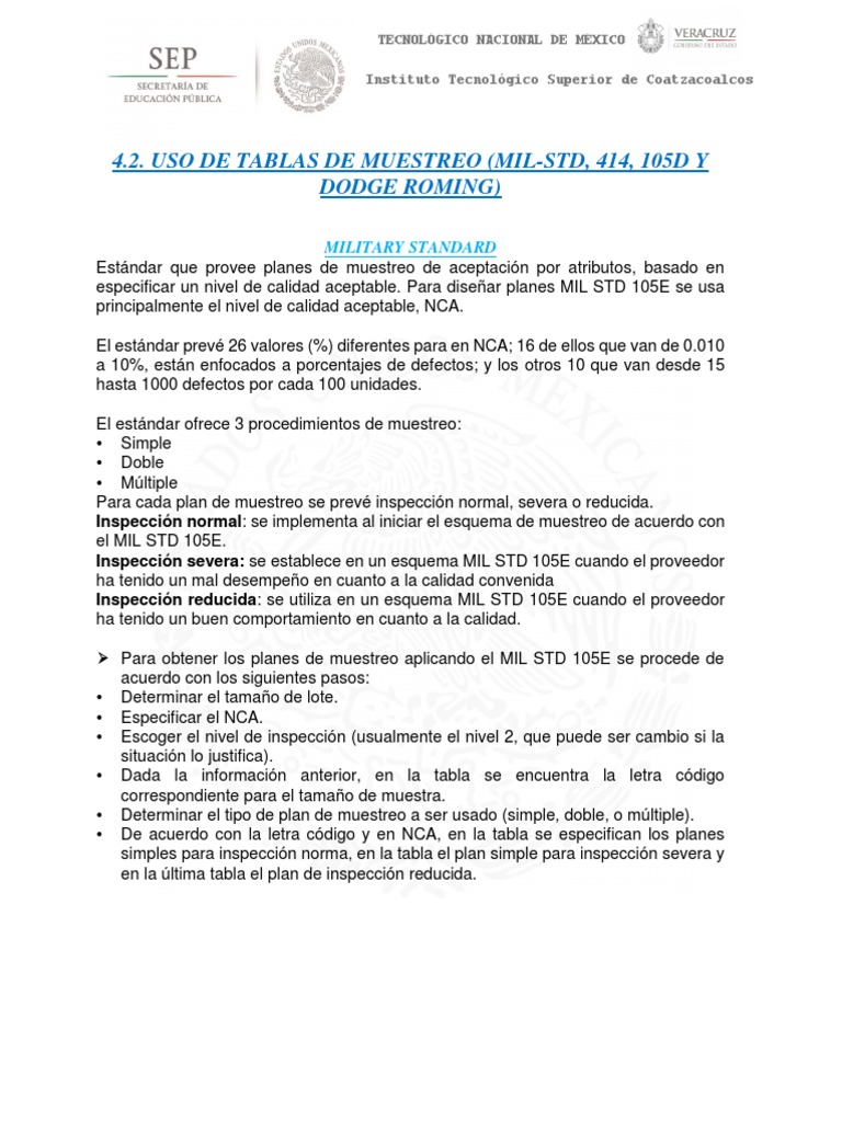 4.2. Uso de Tablas de Muestreo (Mil-Std, 414, 105d y Dodge Roming) | PDF | Muestreo ...