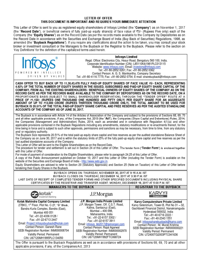Infosys Limited - Letter of Offer PDF | PDF | Share Repurchase | Stocks