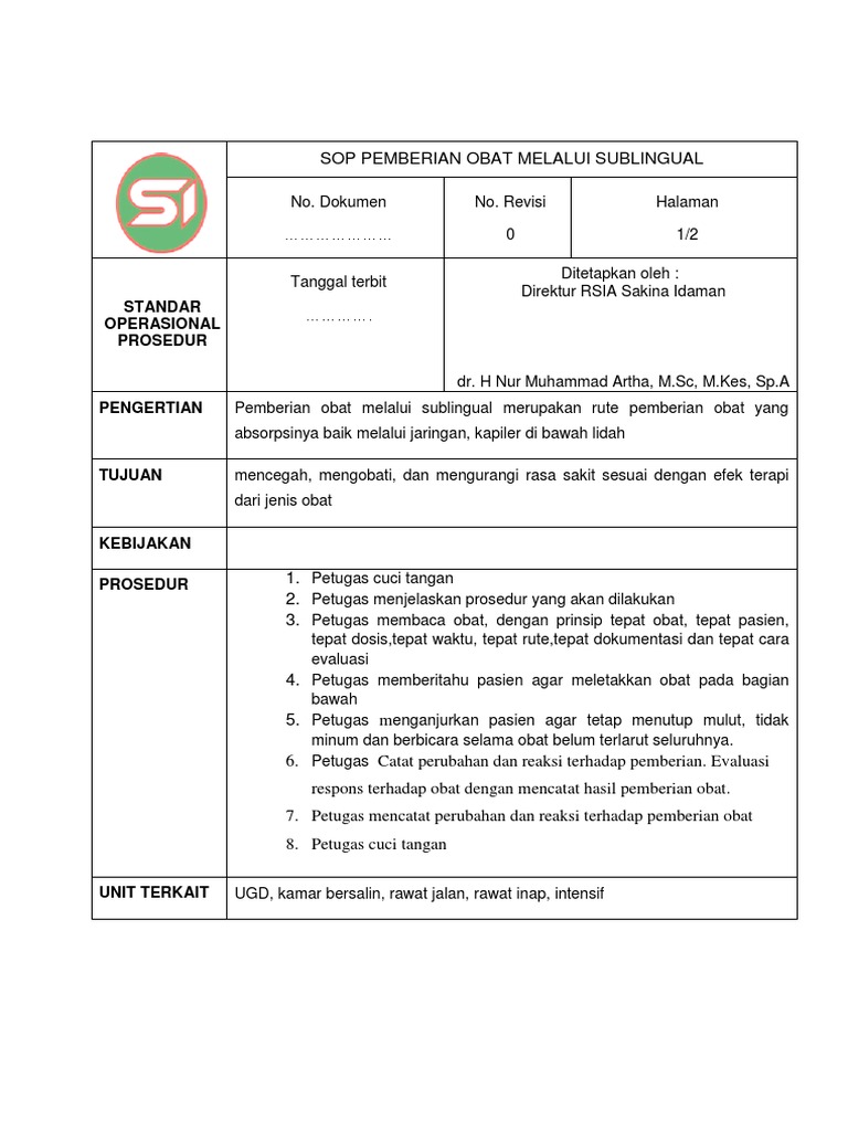 Sop Pemberian Obat Melalui Sublingual | PDF