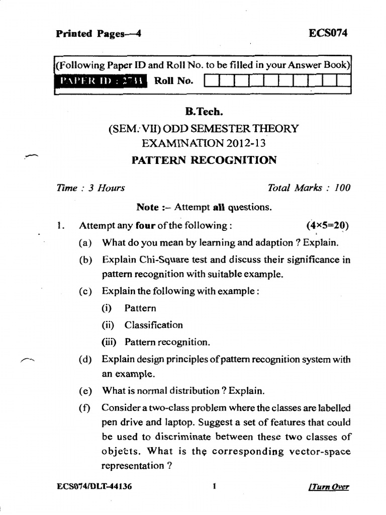 Pattern Recognition - (Ecs-074) PDF | PDF