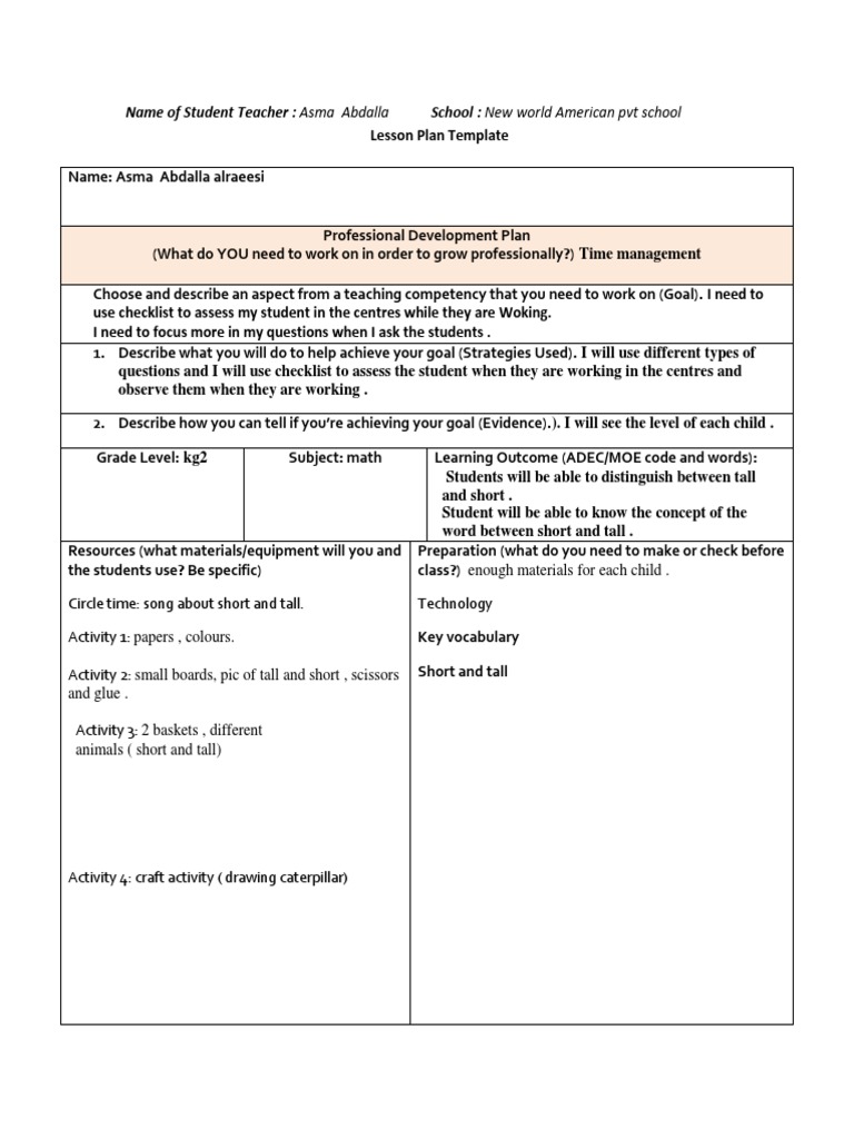 Lesson Plan Tall and Short | PDF | Lesson Plan | Teachers