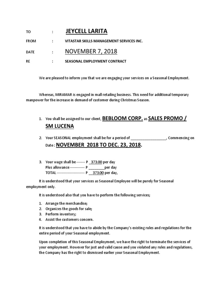 Seasonal Contract - Larita, Jeycell | PDF | Employment | Labor