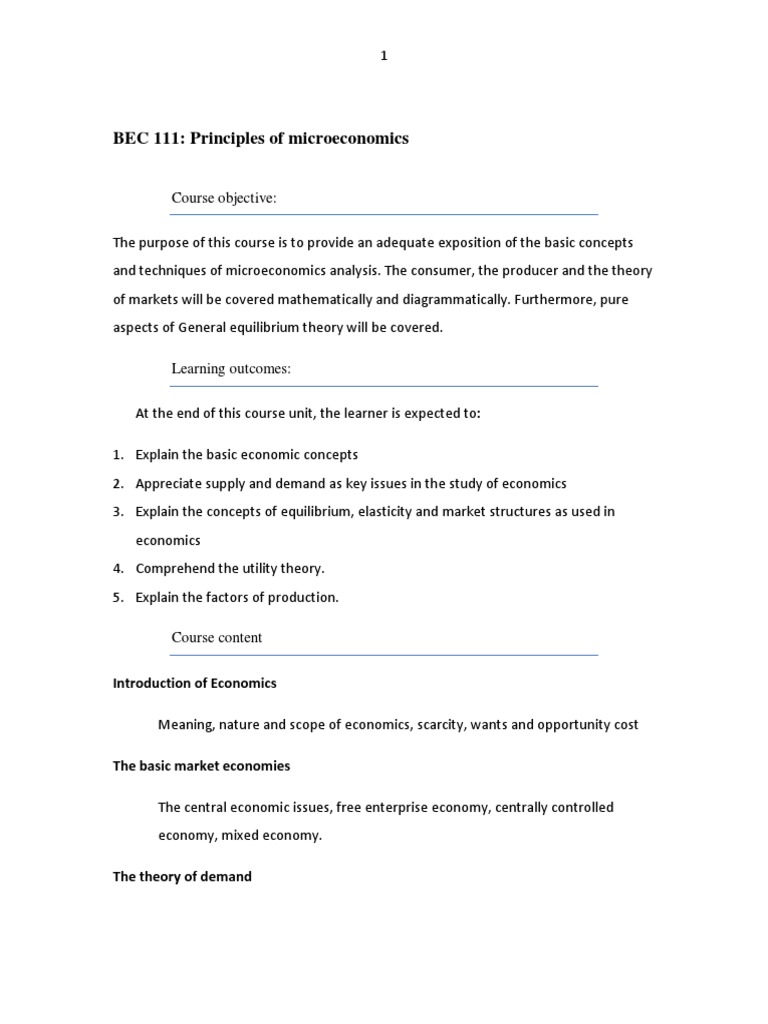 BEC 111 Principles of Micro Economics Module | PDF | Supply (Economics ...