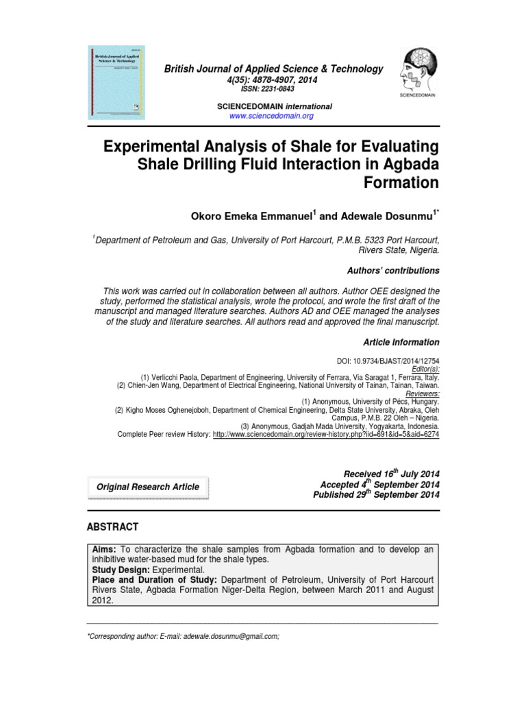 Experimental Analysis of Shale For Evaluating Shale Drilling Fluid ...