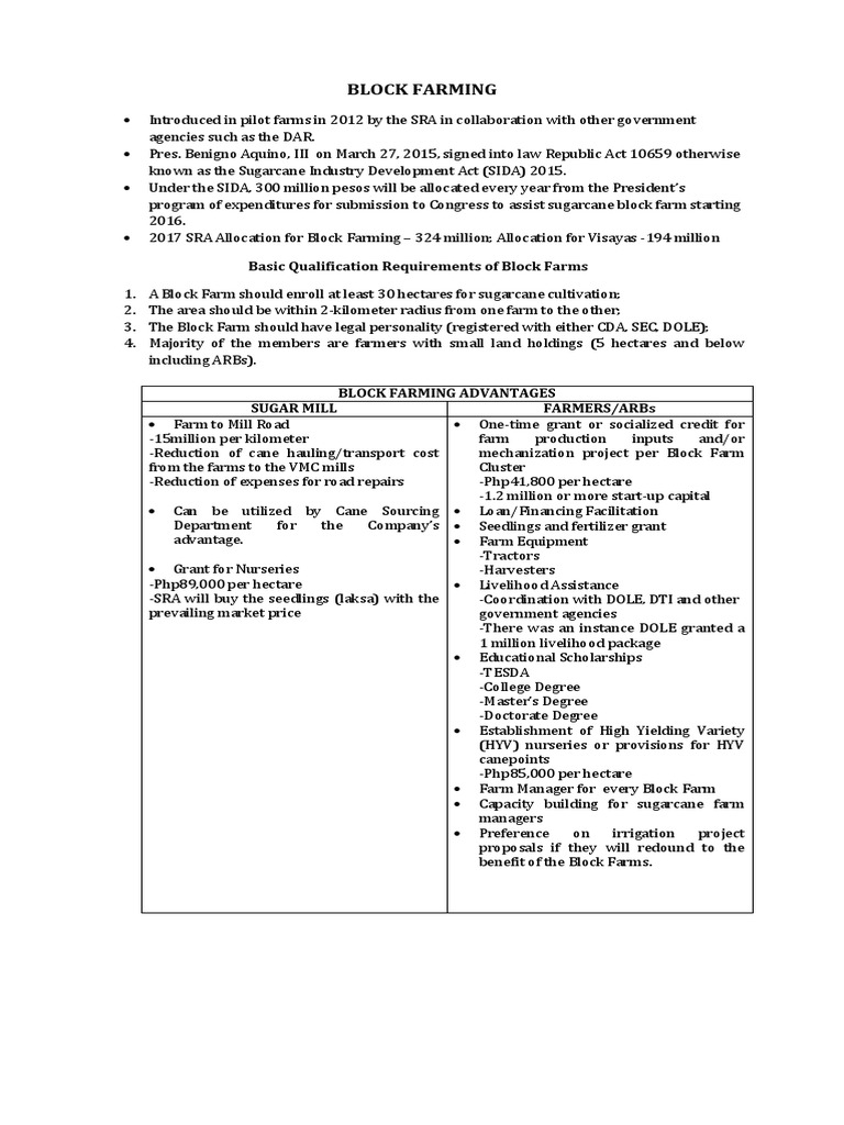 Block Farm Advantages | PDF | Sugarcane | Farms