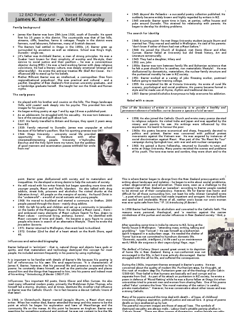 James K. Baxter - A Brief Biography: 12 EAD Poetry Unit: Voices of ...