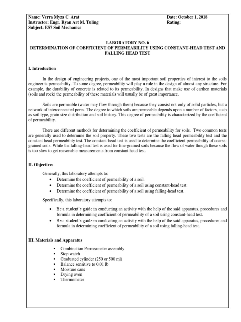 Determination of Coefficient of Permeability Using Constant-Head Test ...