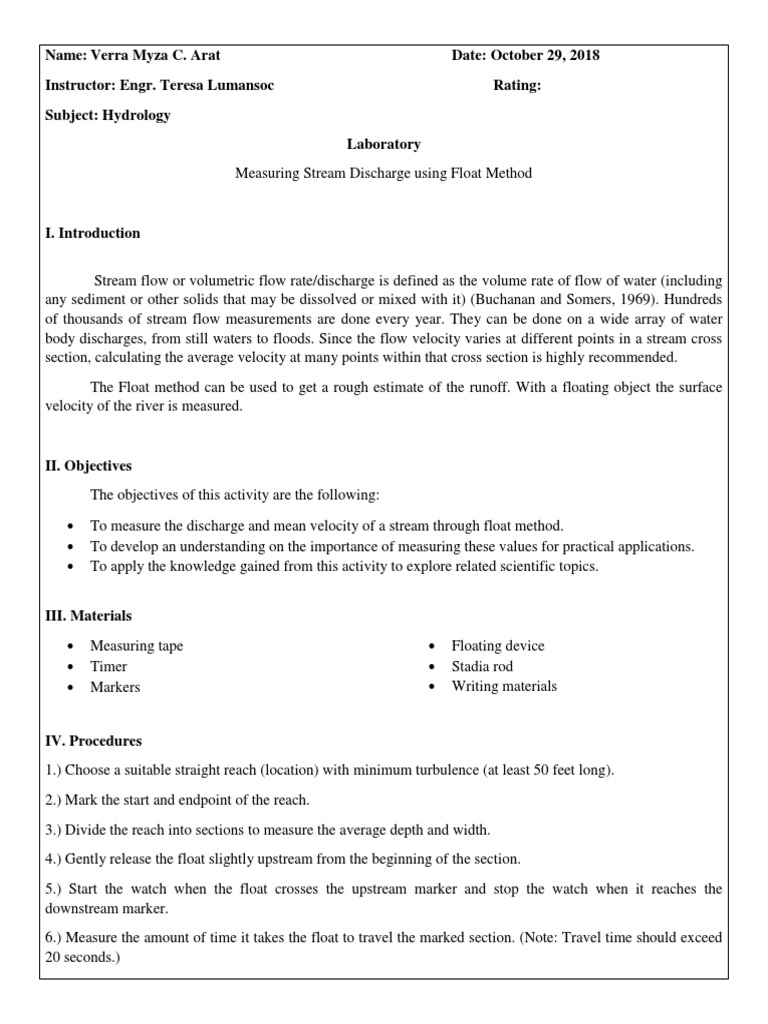 Measuring Stream Discharge Using Float Method | PDF | Stream ...