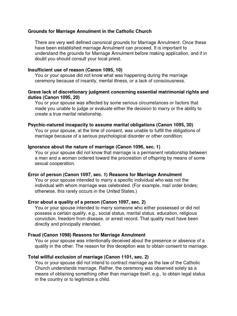 Grounds For Marriage Annulment in The Catholic Church PDF | PDF | Canon ...