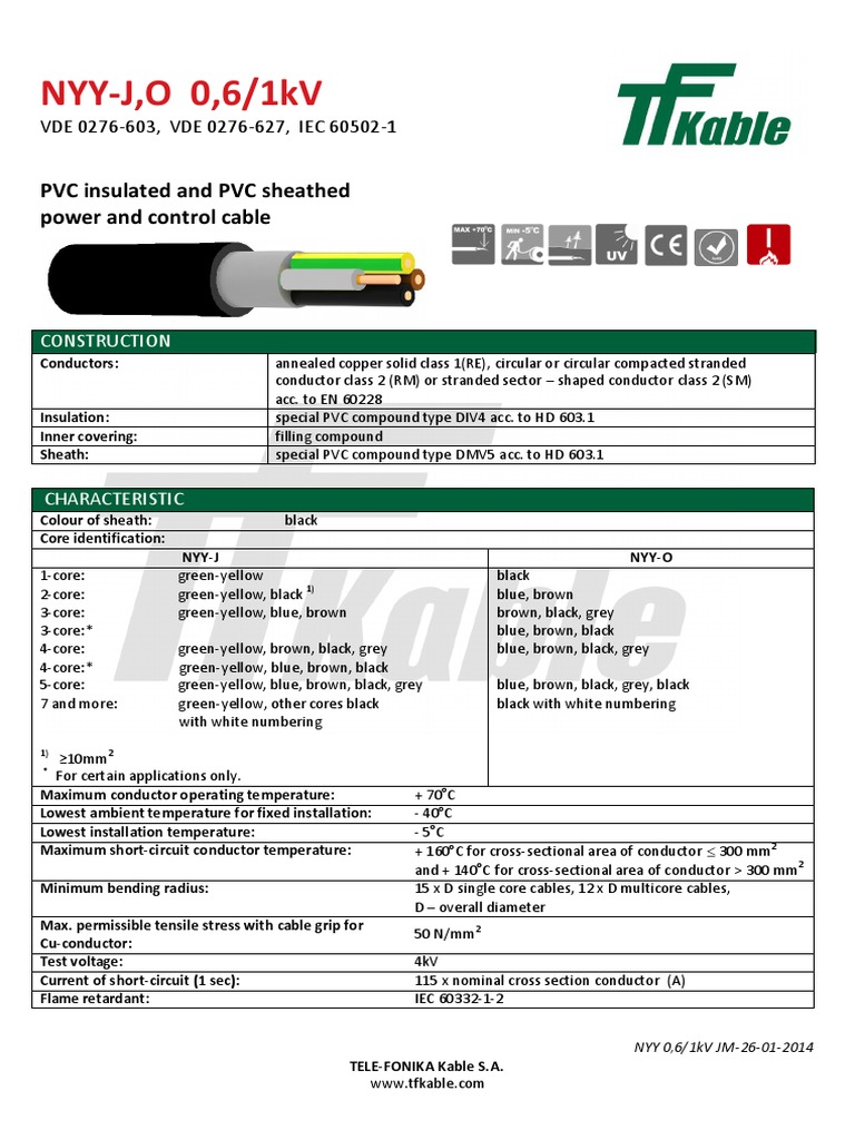 NYY Cable Data Sheet | PDF | Electrical Conductor | Wire