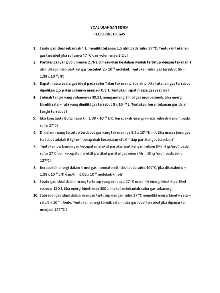 Soal Ulangan Fisika Teori Kinetik Gas Ideal | PDF