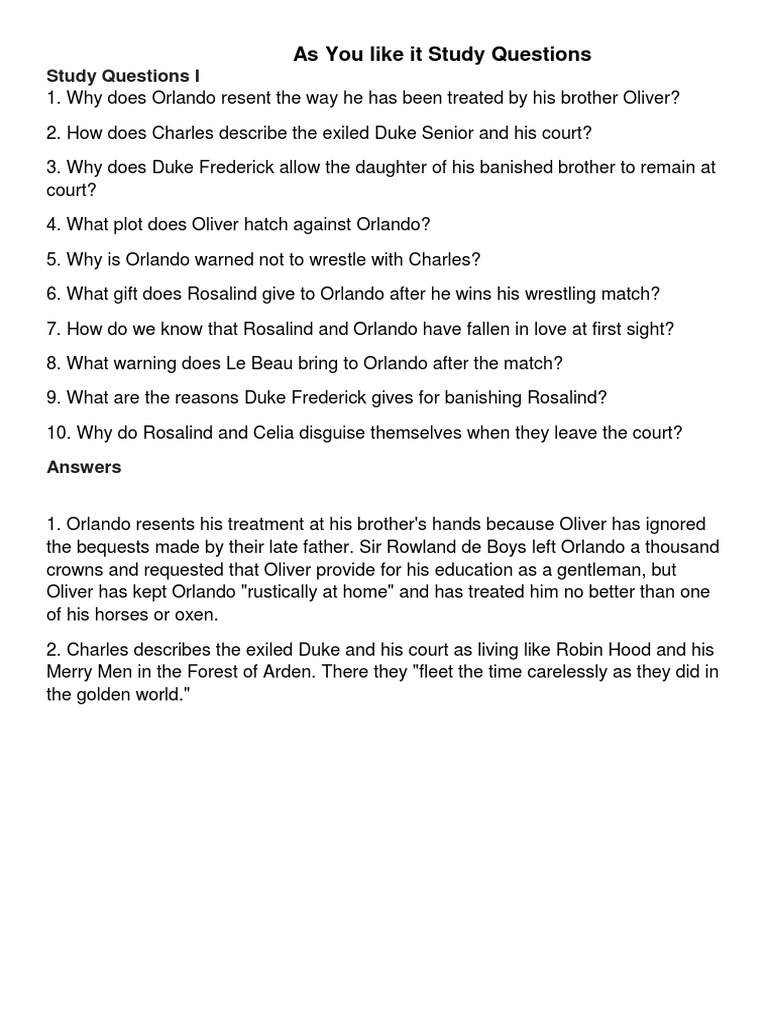 As You Like It Question Answers | PDF | As You Like It