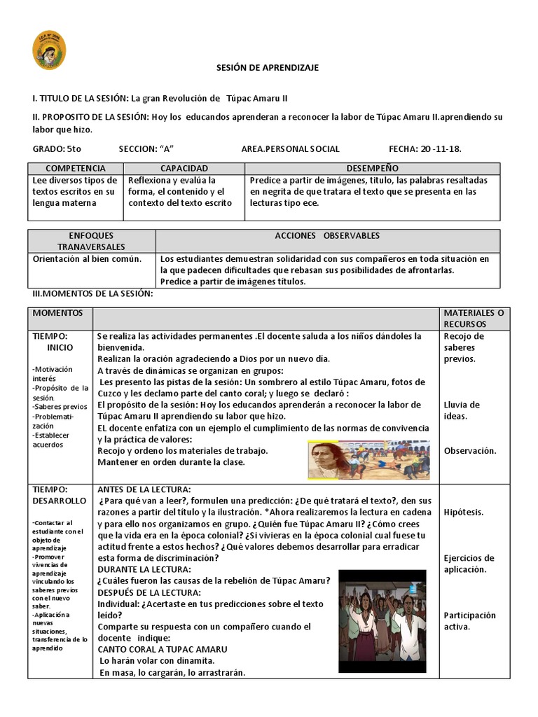 Sesion de Apre. Tupac Amaru II | PDF | Lectura (proceso) | Aprendizaje