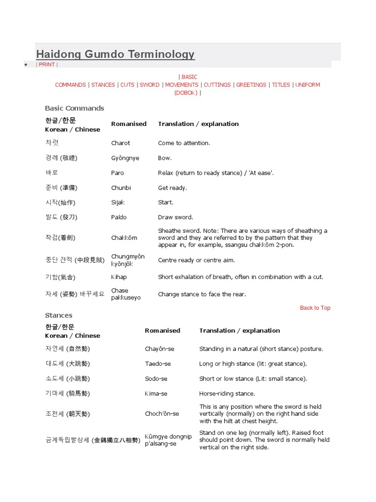Haidong Gumdo Terminology Guide | PDF | Sword | Blade Weapons