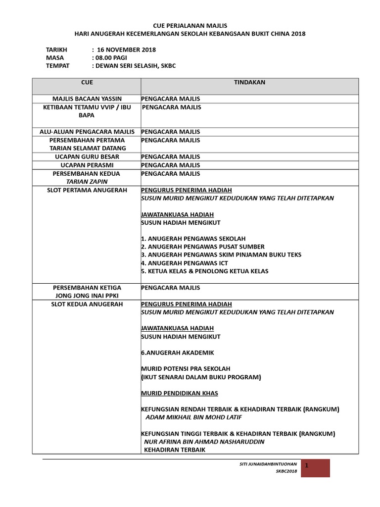 Cue Acara Majlis Anugerah Kecemerlangan SKBC 2018 | PDF
