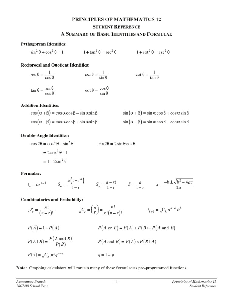 Math 12 Formula Sheet | Trigonometric Functions | Complex Analysis