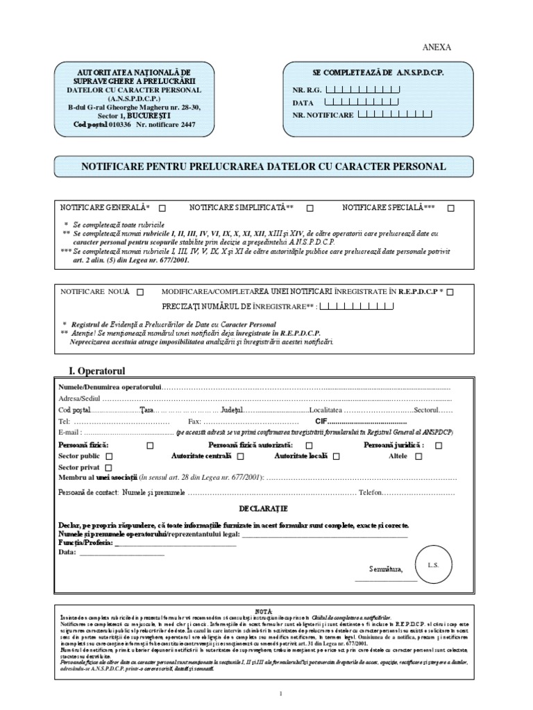 Formular Pentru Inscriere in Registrul de Evidenţă A Prelucrărilor de ...