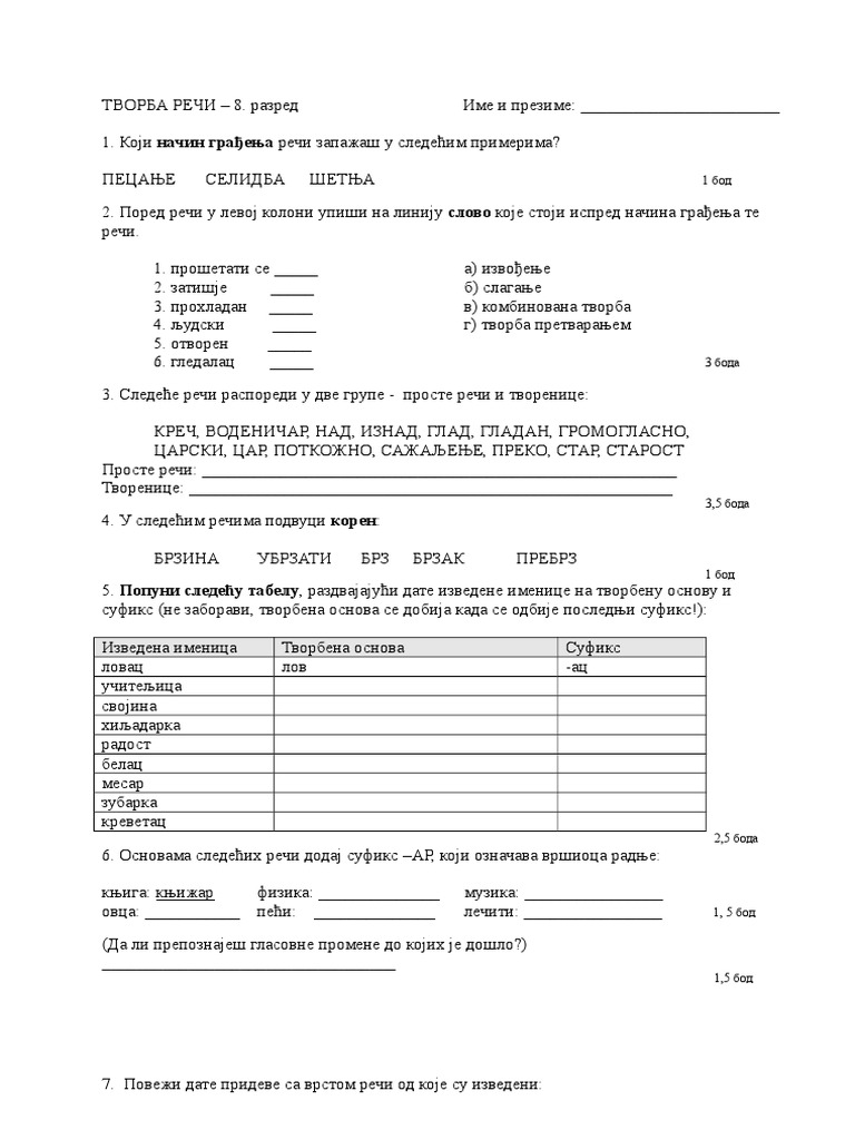 Tvorba Reci Osmi Razred | PDF