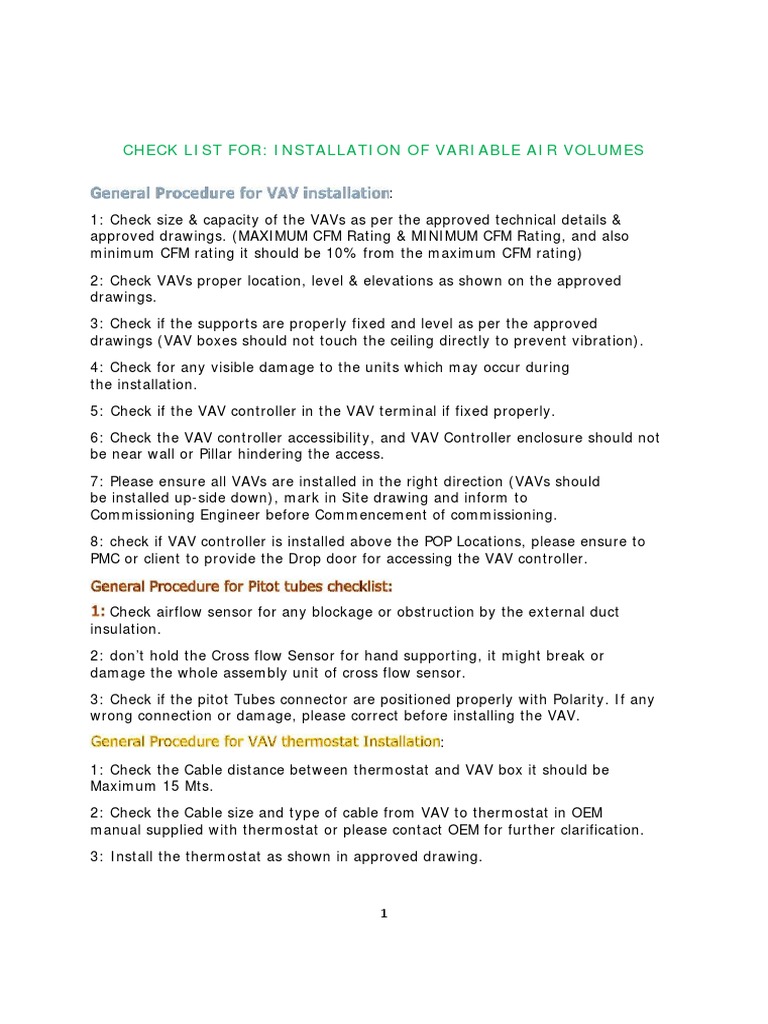 Check List For: Installation of Variable Air Volumes | PDF | Thermostat ...