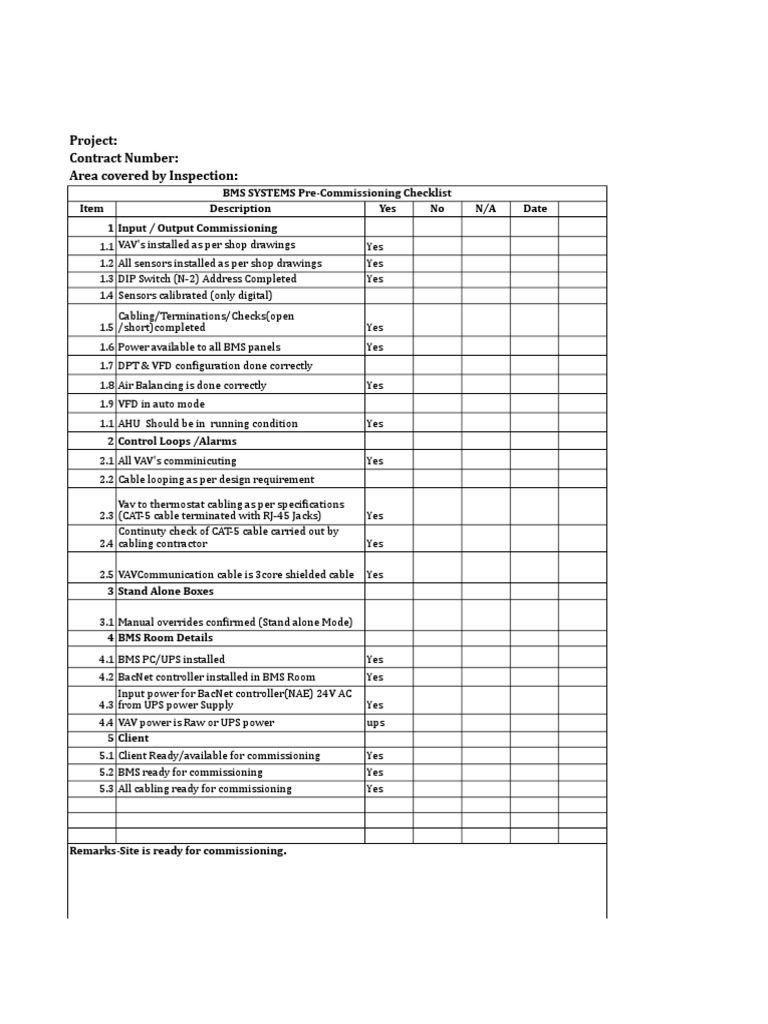 BMS Pre-Commissioning Checklist | PDF
