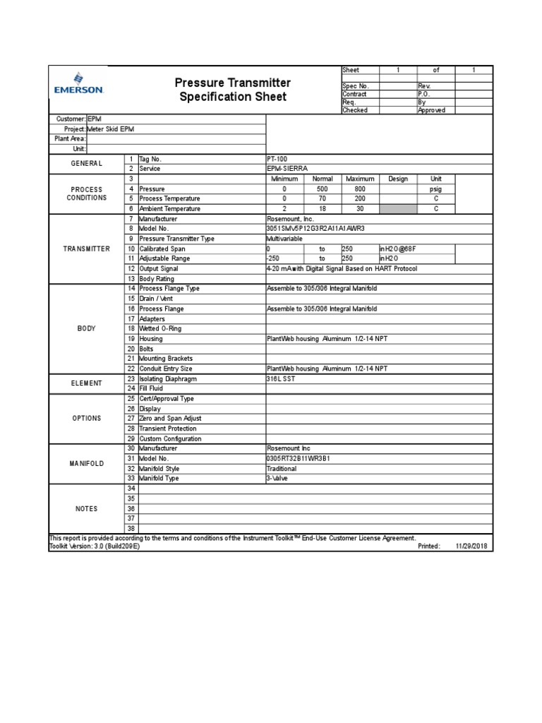 Pressure Transmitter Specification Sheet: General | PDF | Calibration ...