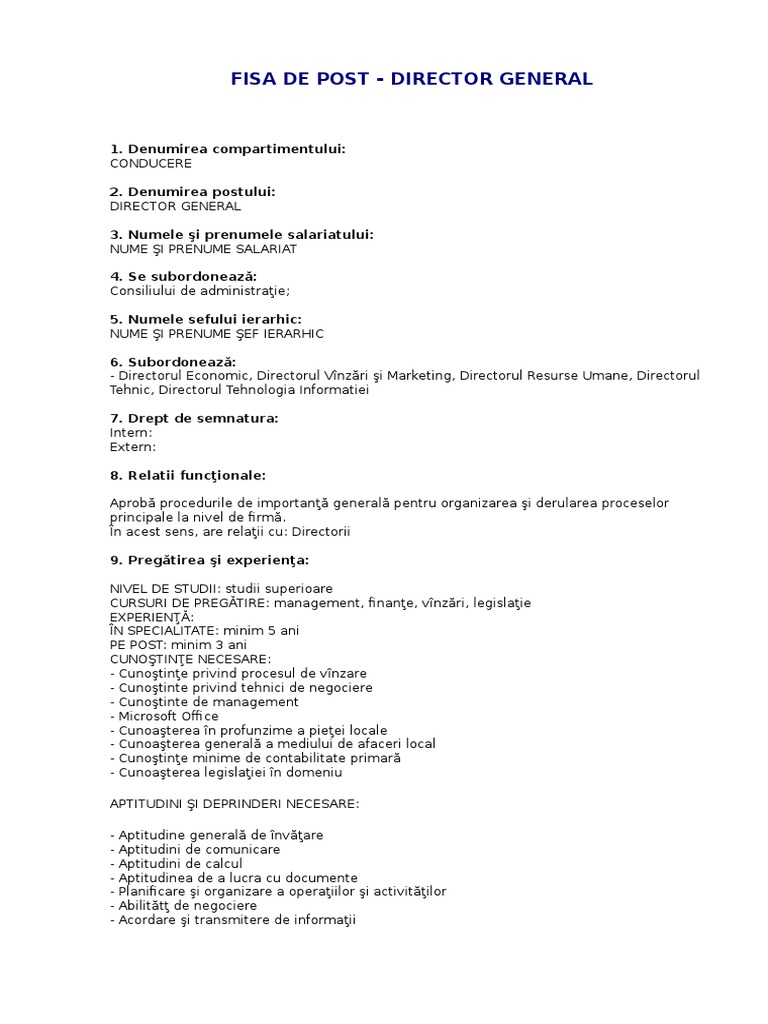 Fisa de Post Director General | PDF