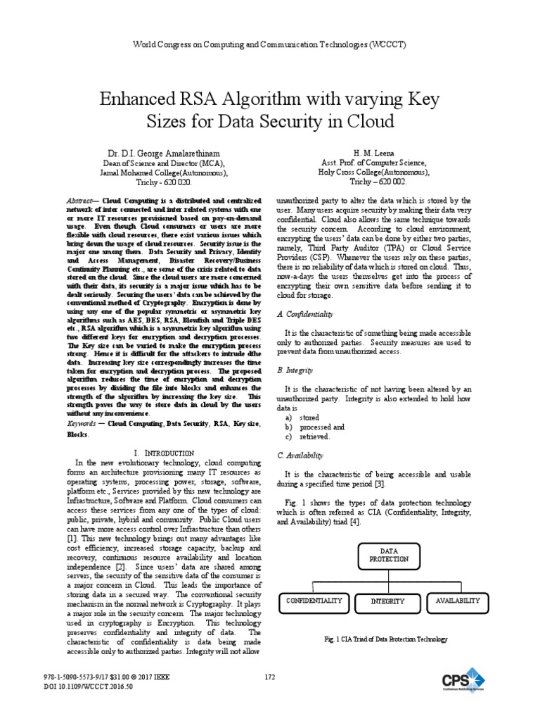 Ieee 2017 Enhanced Rsa Algorithm With Varying Key Sizes For Data Security In Cloud Pdf Key