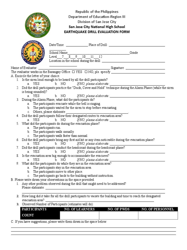 Earthquake Drill Evaluation Form | PDF