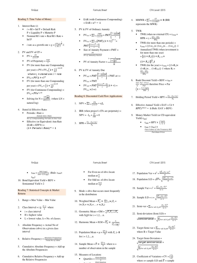 2018 Cfa Level 1 Quicksheetpdf | PDF | Standard Error | Chi Squared Distribution